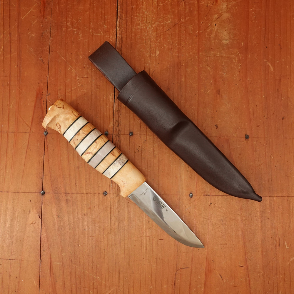 Helle 87mm Arv H3LS Stainless Stacked Birch Stag Leather – Bernal Cutlery