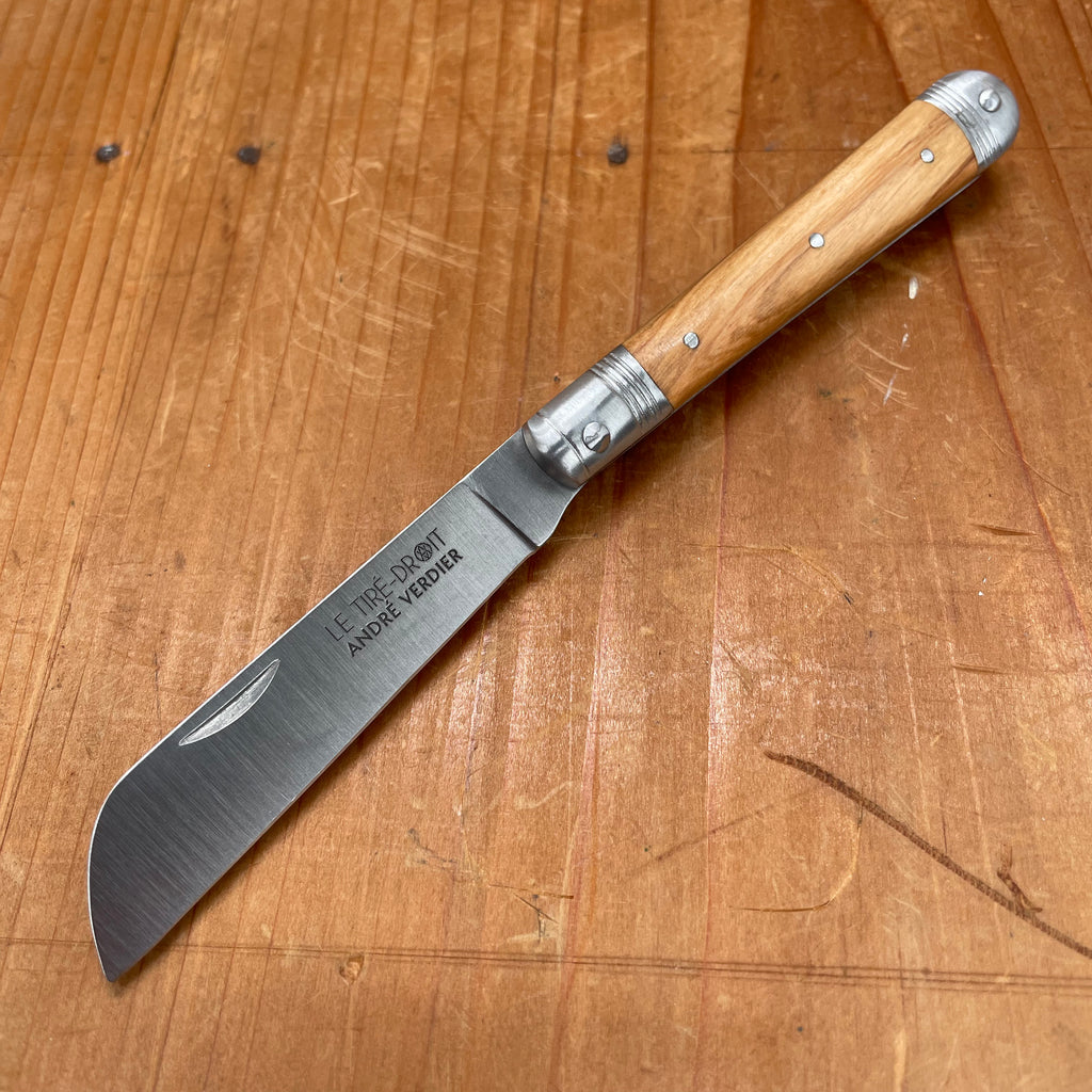 André Verdier Tiré-Droit 9cm Sheepsfoot Stainless Lockback Olive Handl ...